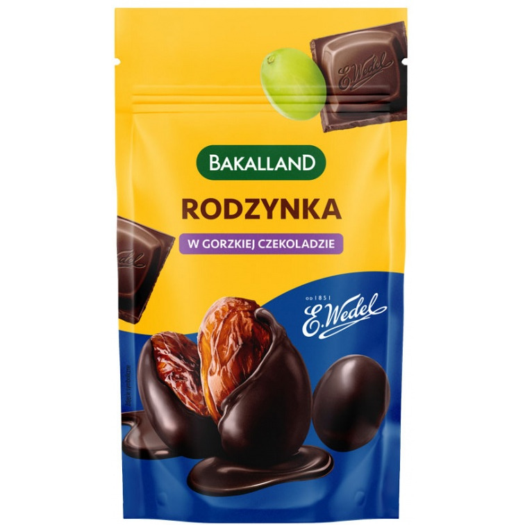 Rodzynki w gorzkiej czekoladzie, BAKALLAND, 62g - Słodycze - sklep.epaka.pl